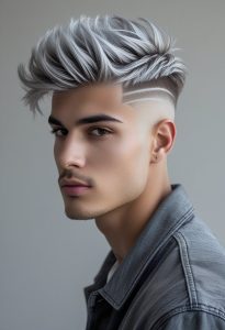 Trendy Men’s Haircut : Silver Highlight Quiff & Fade - Burst Fade