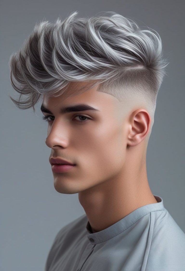 Trendy Men’s Haircut : Silver Highlight Quiff & Fade - Burst Fade