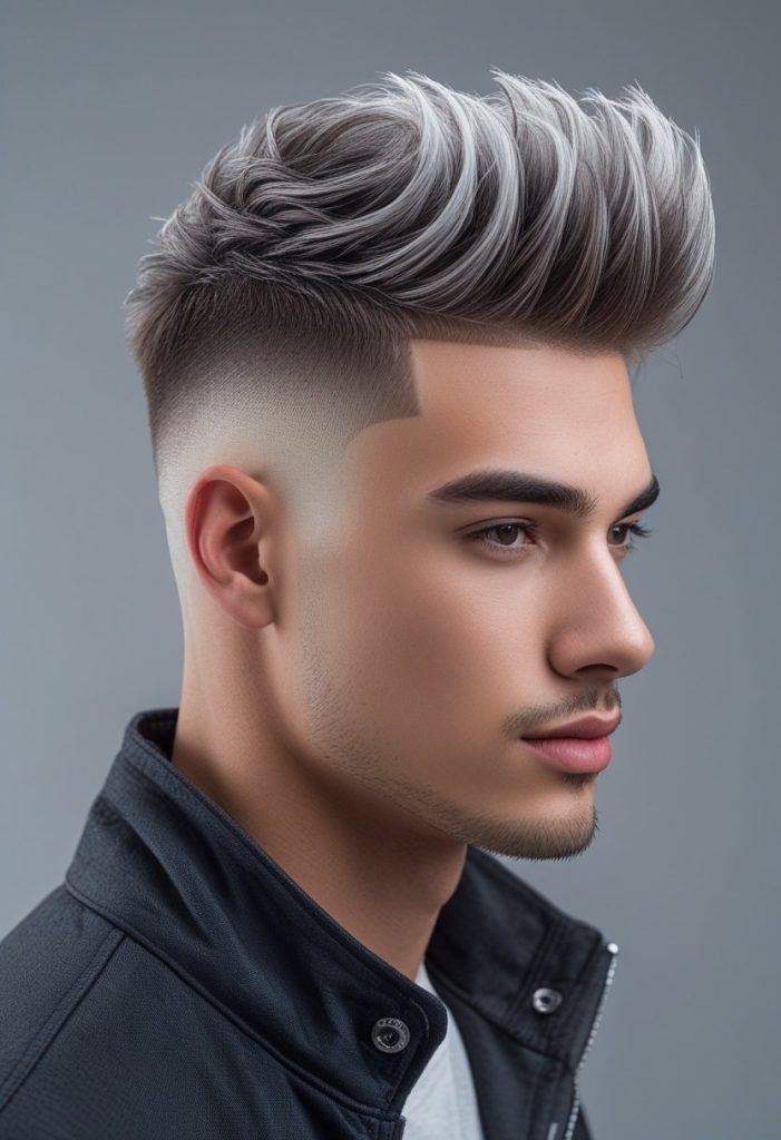 Trendy Men’s Haircut : Silver Highlight Quiff & Fade - Burst Fade
