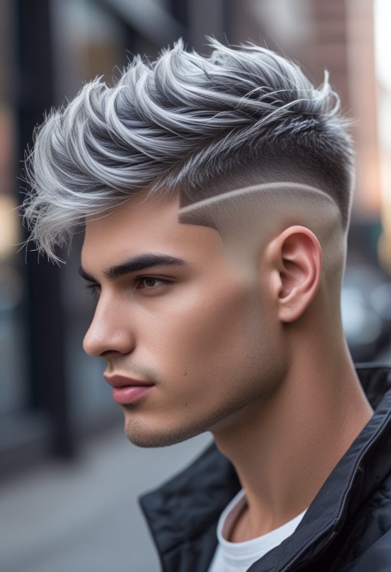 Trendy Men’s Haircut : Silver Highlight Quiff & Fade - Burst Fade